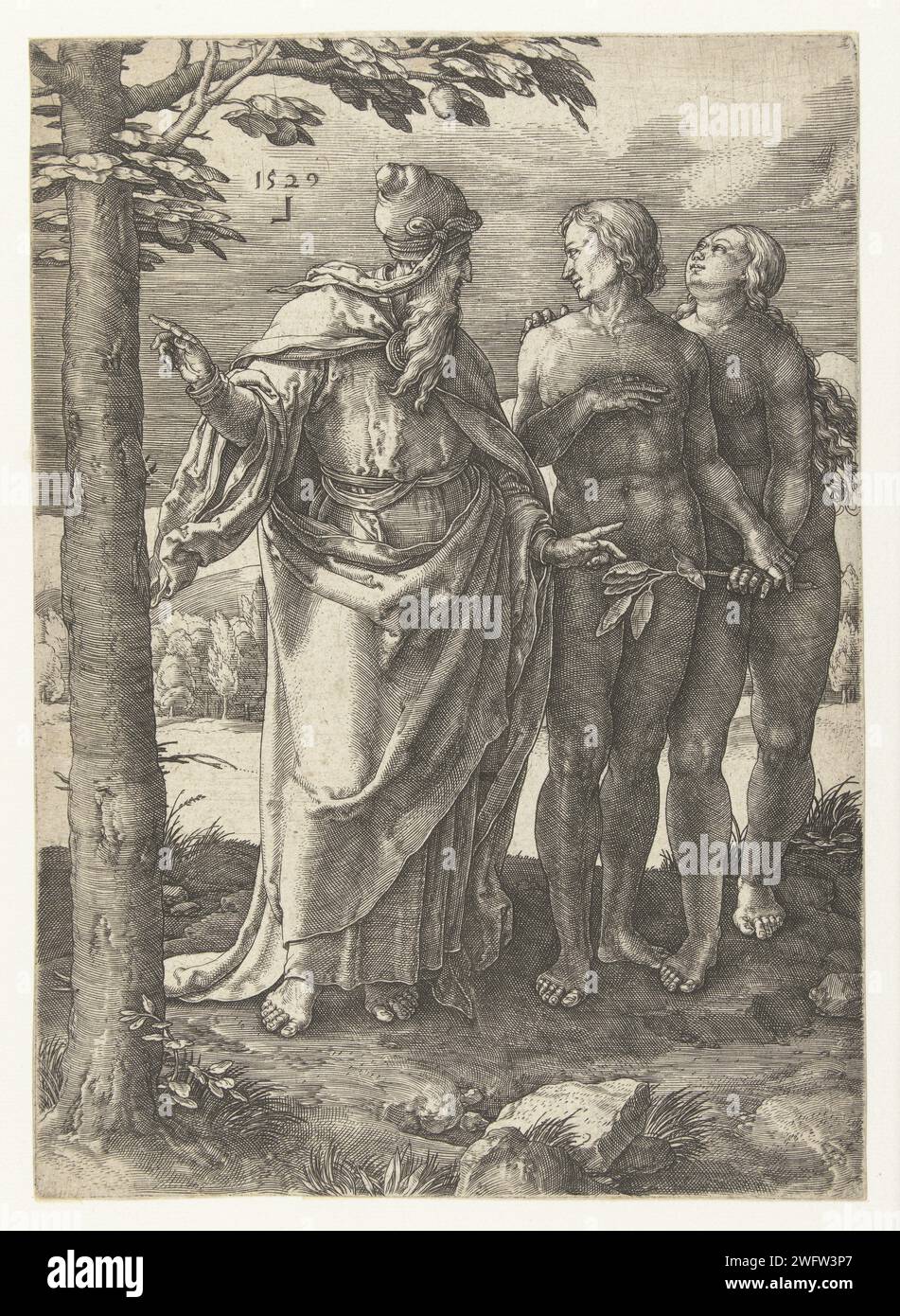 The first prohibition, Lucas van Leyden, 1529 print God points Adam and ...