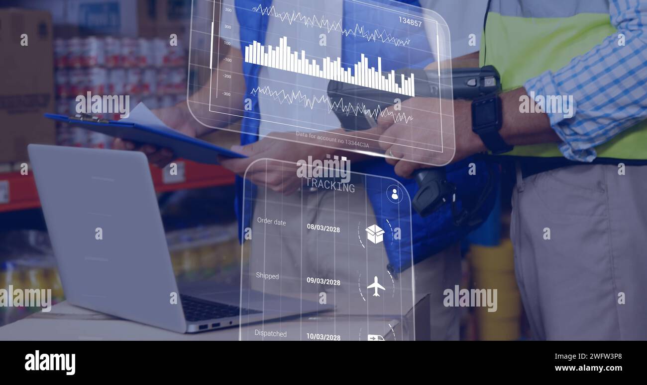 Image of data processing on screens over caucasian men working in ...