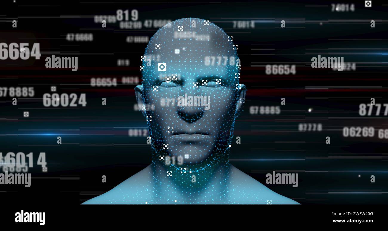 Image of numbers changing over glowing human head in background Stock ...