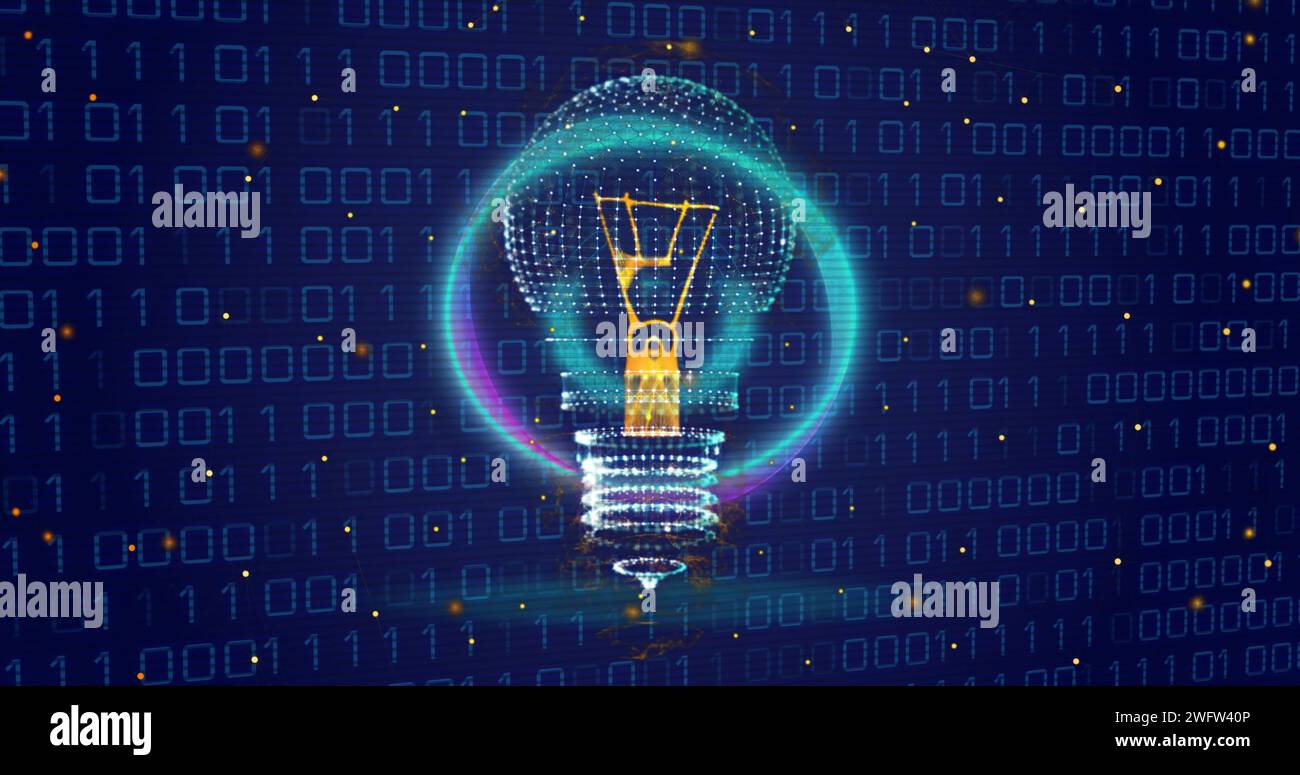Image of light bulb, neon circle and binary coding data processing Stock Photo - Alamy