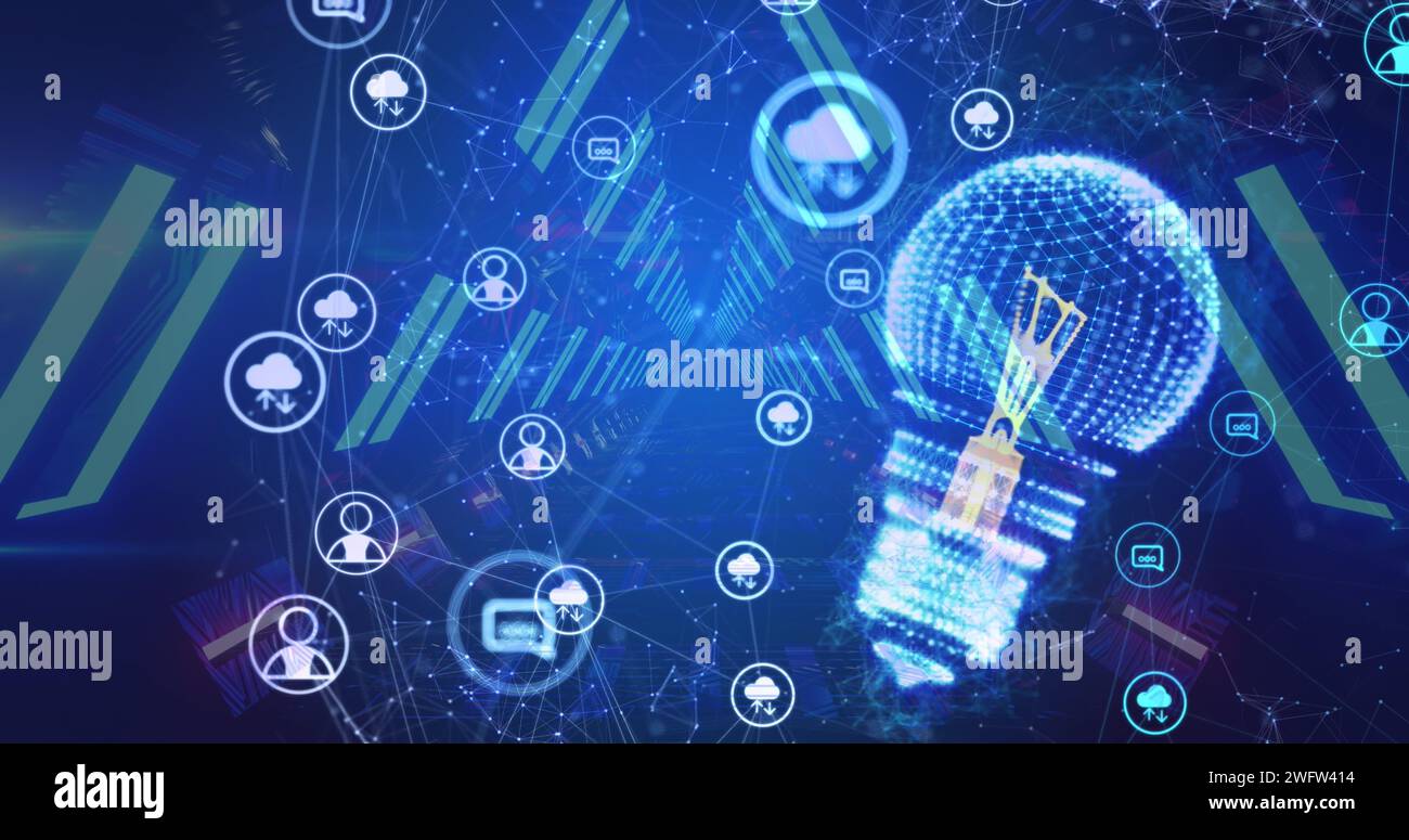 Image of light bulbs, icons and data processing Stock Photo - Alamy