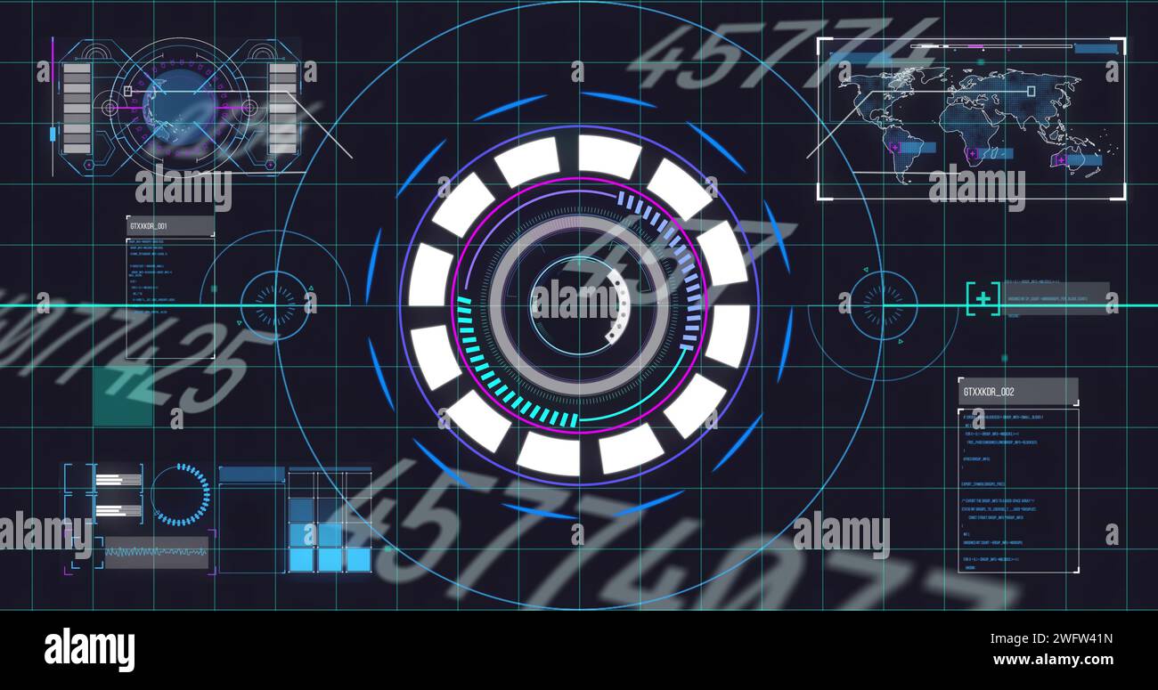 Image of scope scanning and numbers changing over grid and world map in background Stock Photo ...