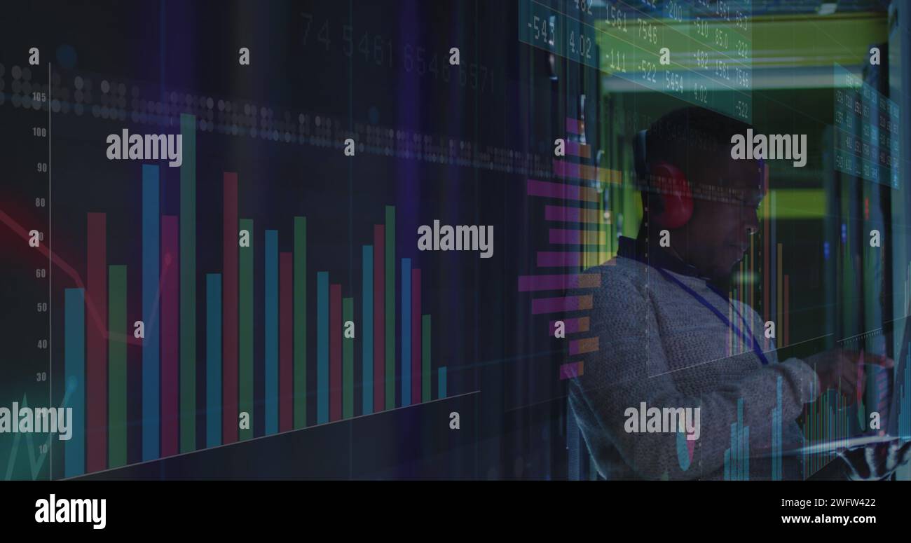 Image of graphs over african american man working in server room Stock ...