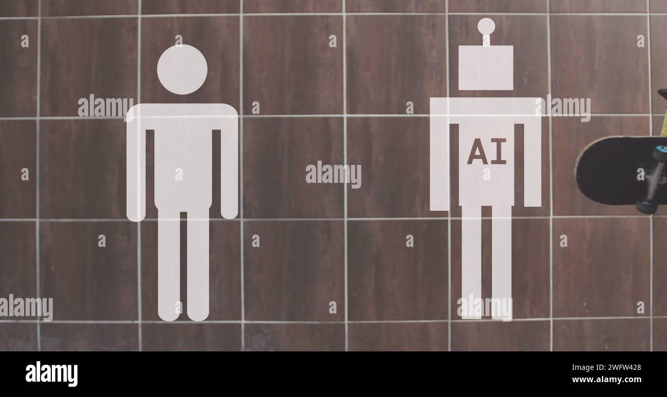 Restroom signs depict a human and an AI figure on a tiled wall Stock ...