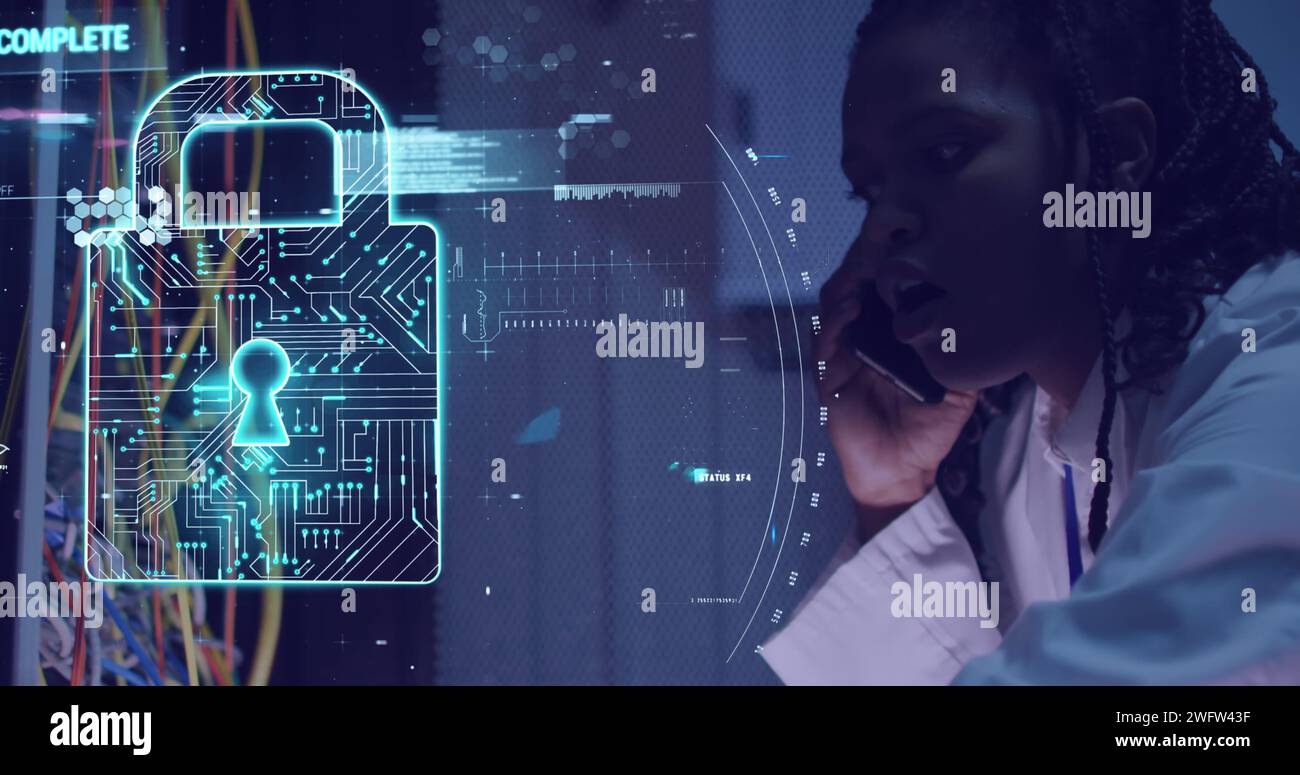 Image of data processing and padlock over african american woman ...