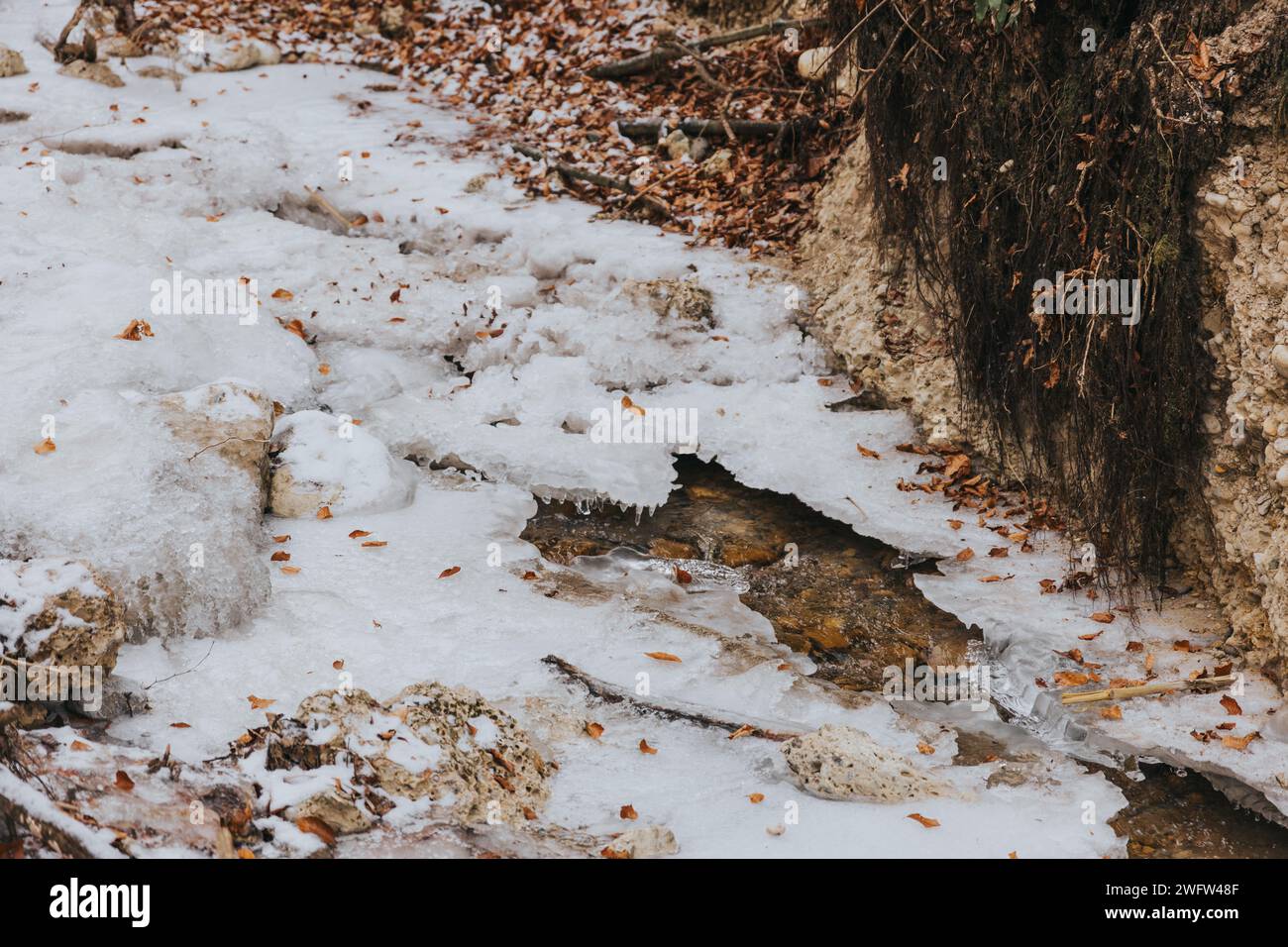 Snow and ice cover the ground in this wintry landscape Stock Photo - Alamy