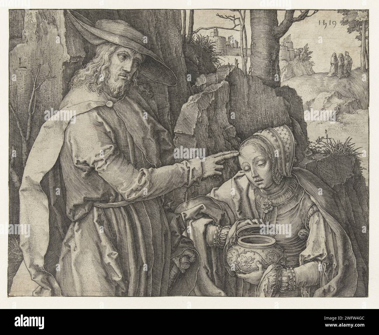 Christ appears to Maria Magdalena, Lucas van Leyden, 1519 print Christ with hat and scoop in ...