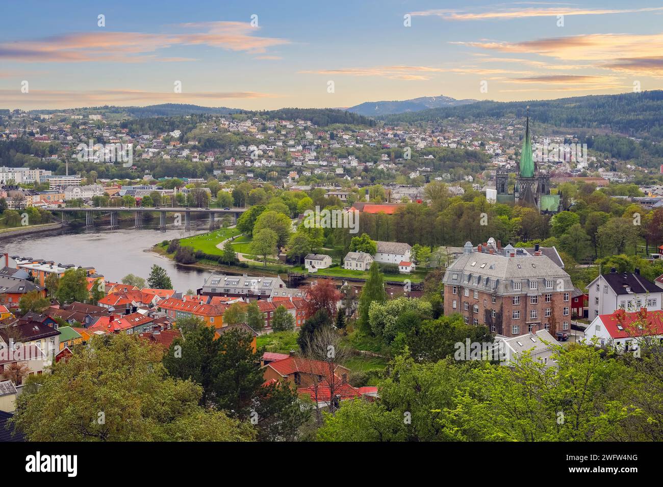 Spring in Trondheim, aerial view of the river Nidelva and the cathedral ...