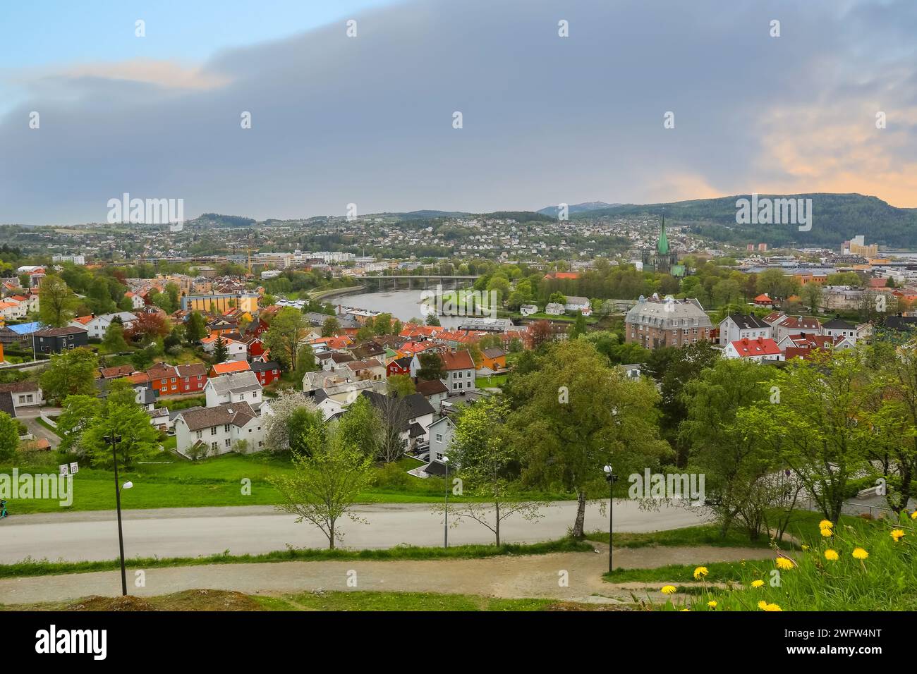Spring in Trondheim, aerial view of the river Nidelva and the cathedral ...
