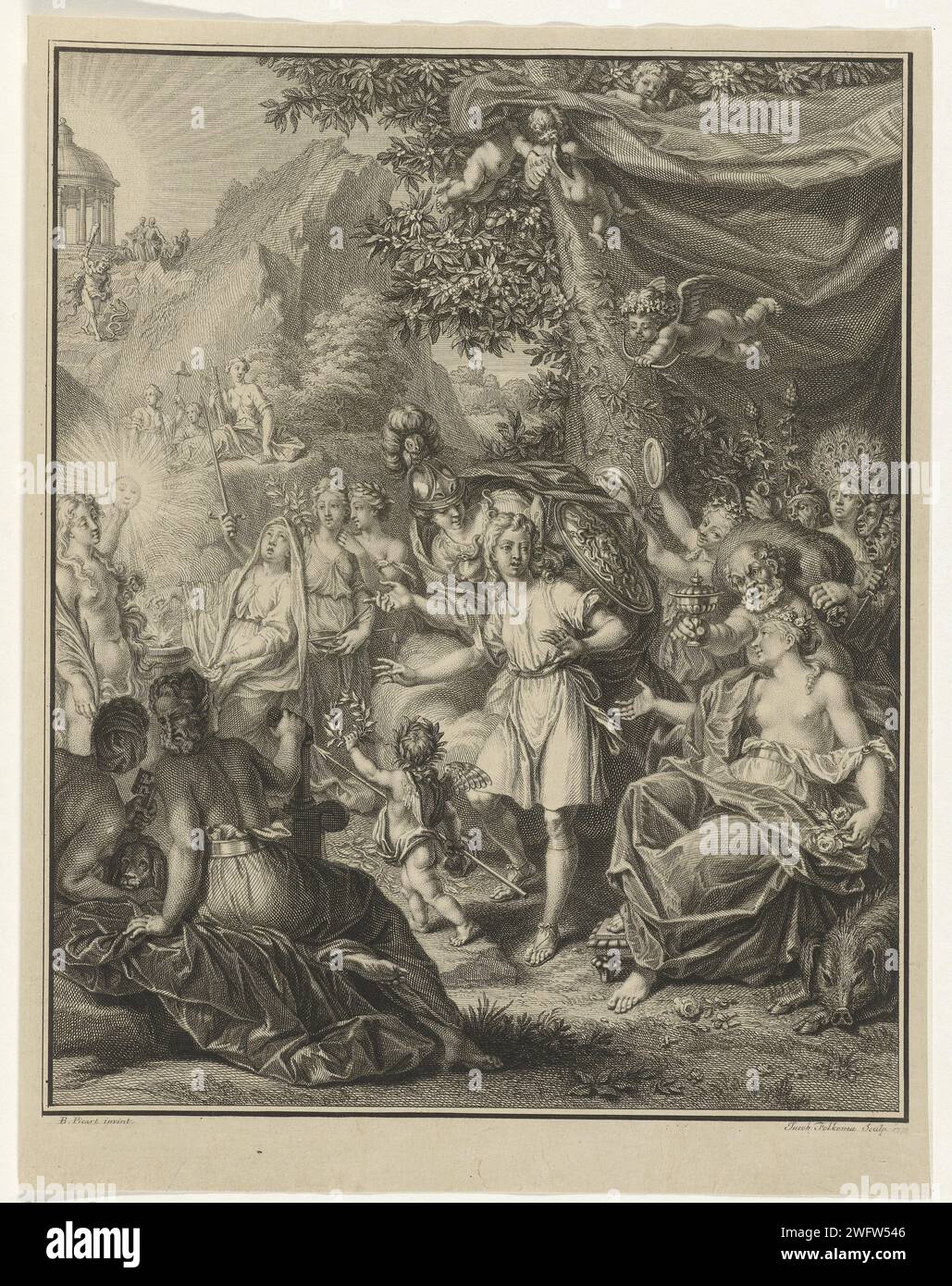 Allegorical performance with Telemachus and Minerva, Jacob Folkema, After Bernard Picart, 1800 ...