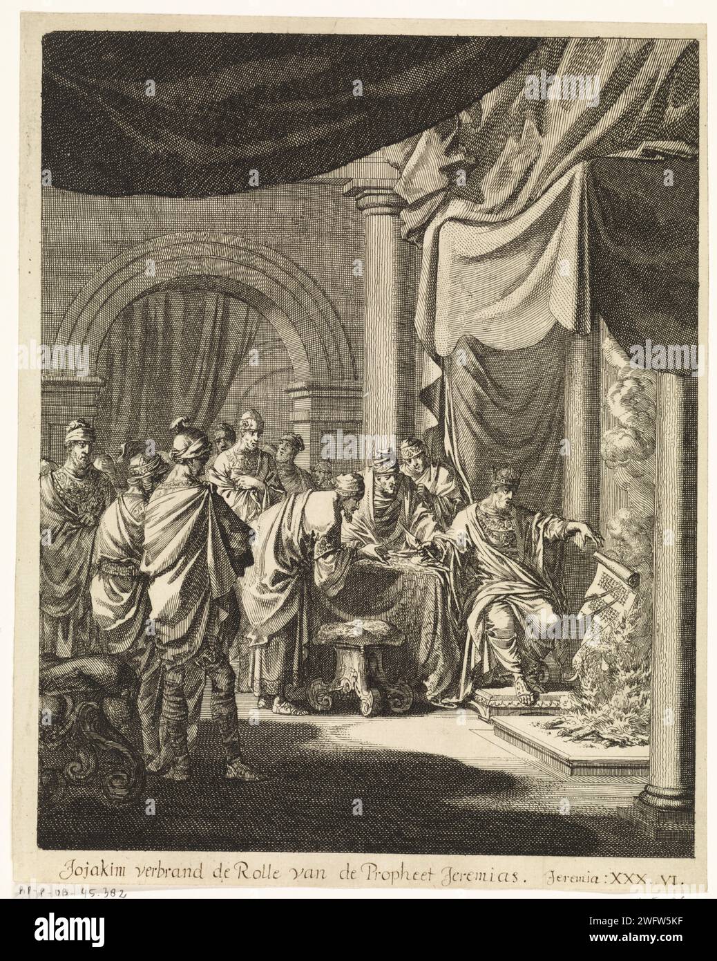 King Jojakim burns the scroll of Jeremiah, Jan Luyken, 1708 print ...