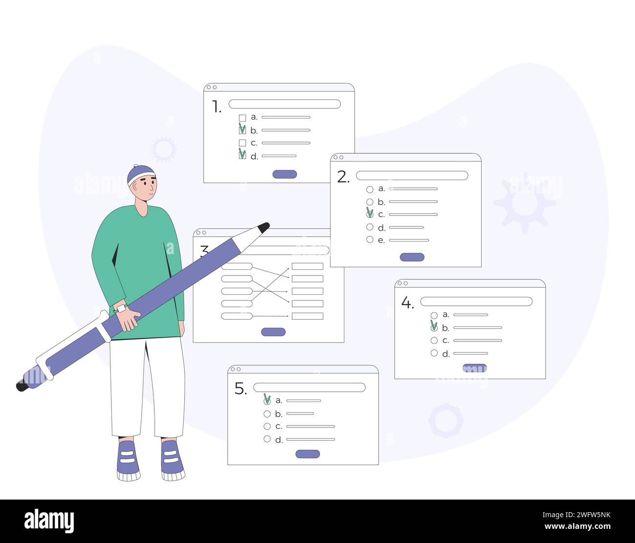 Online test. Customer opinion answers. Student in distant exam. Vector ...