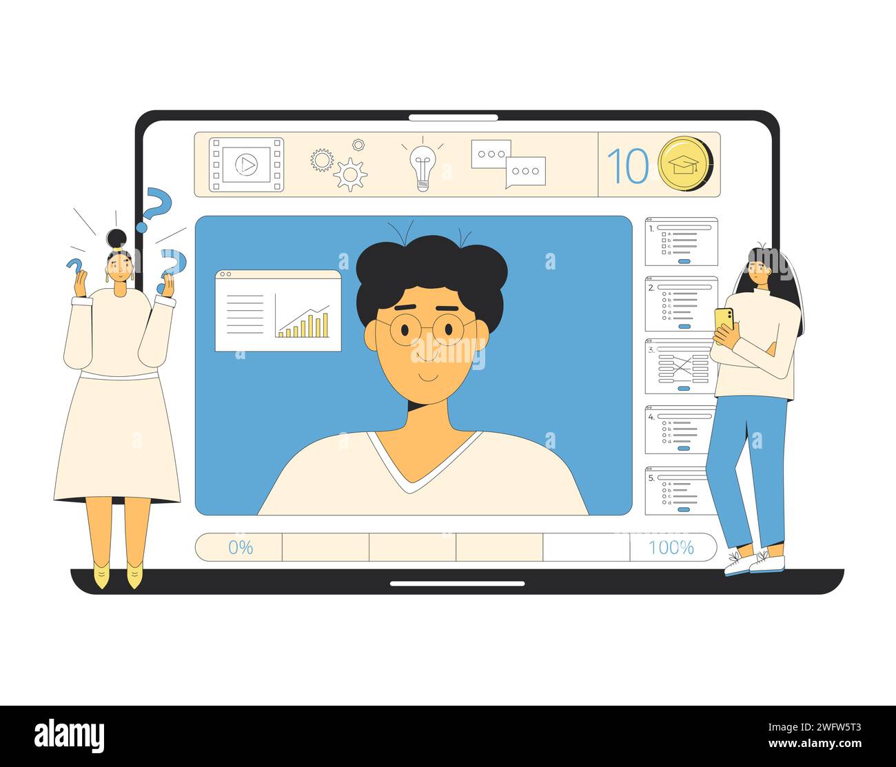 Online course, lesson or training. Teacher and students. Engagment and ...