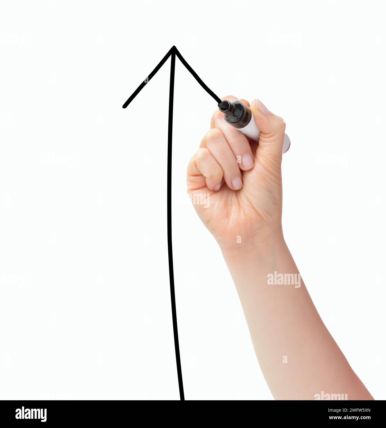 Woman hand drawing a growth arrow in the air with a marker with a white ...