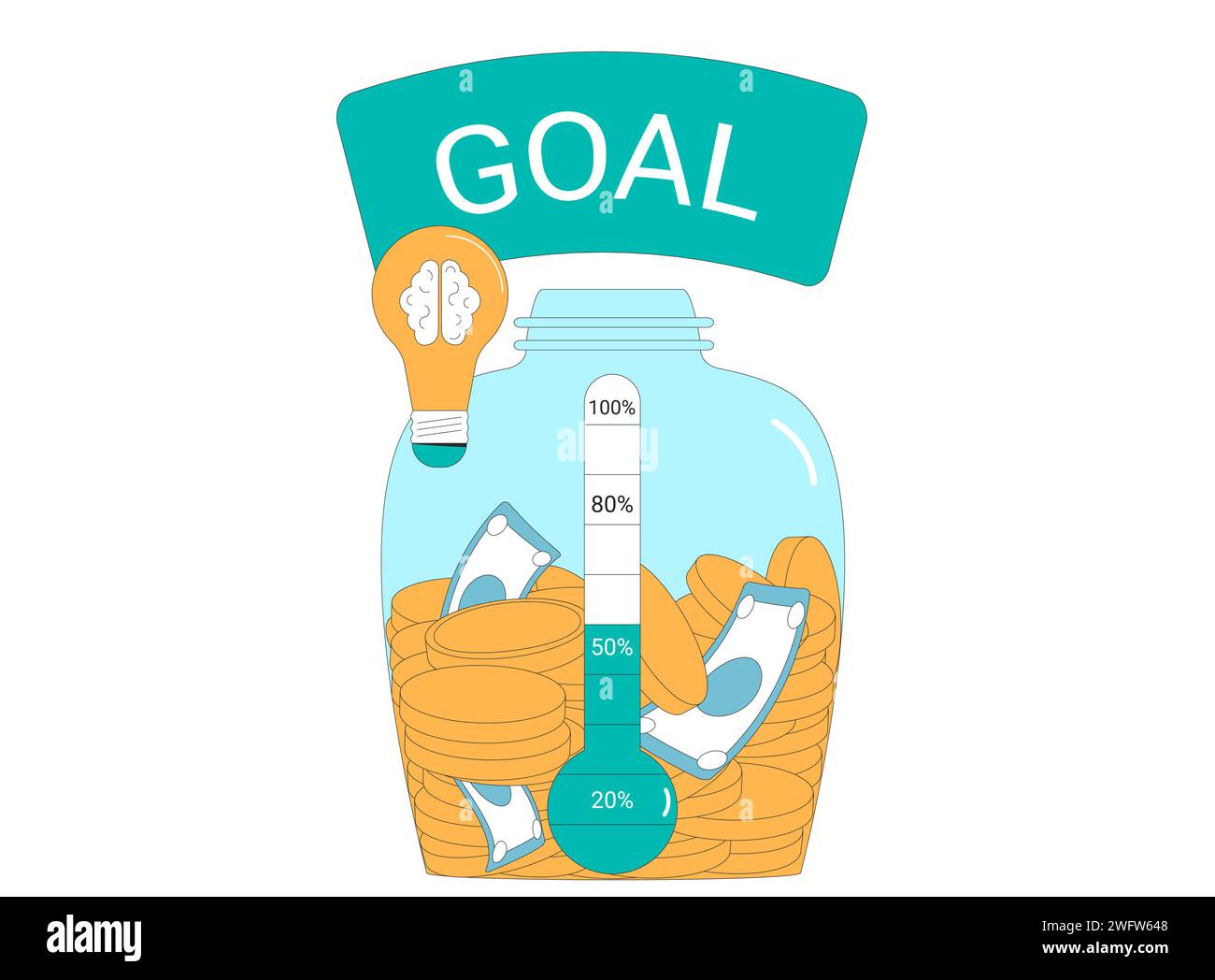 Fundraising event. Startup goal concept. thermometer, idea and moneybox ...