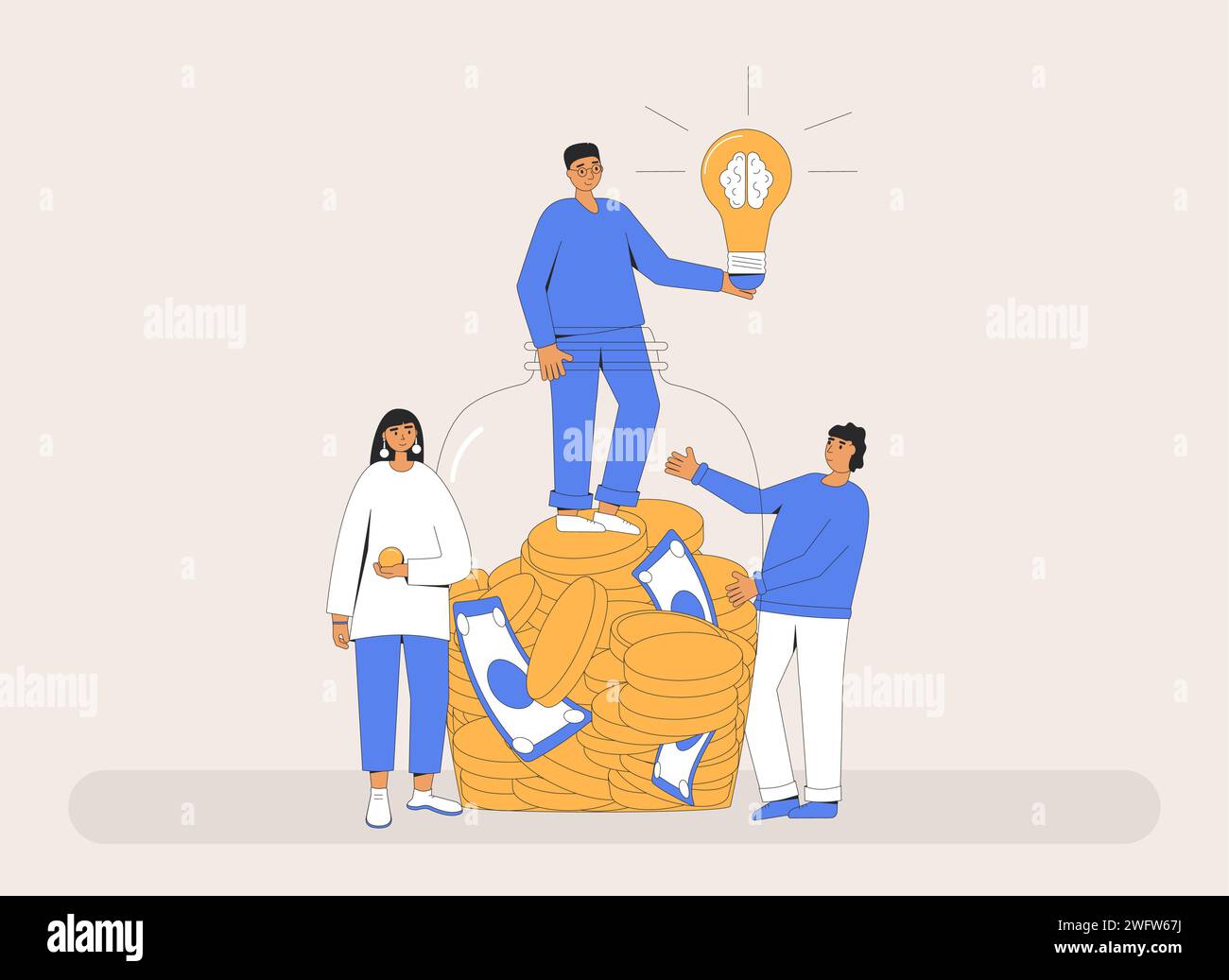 Crowdfunding. Startup idea. Fundraising concept. People with moneybox ...