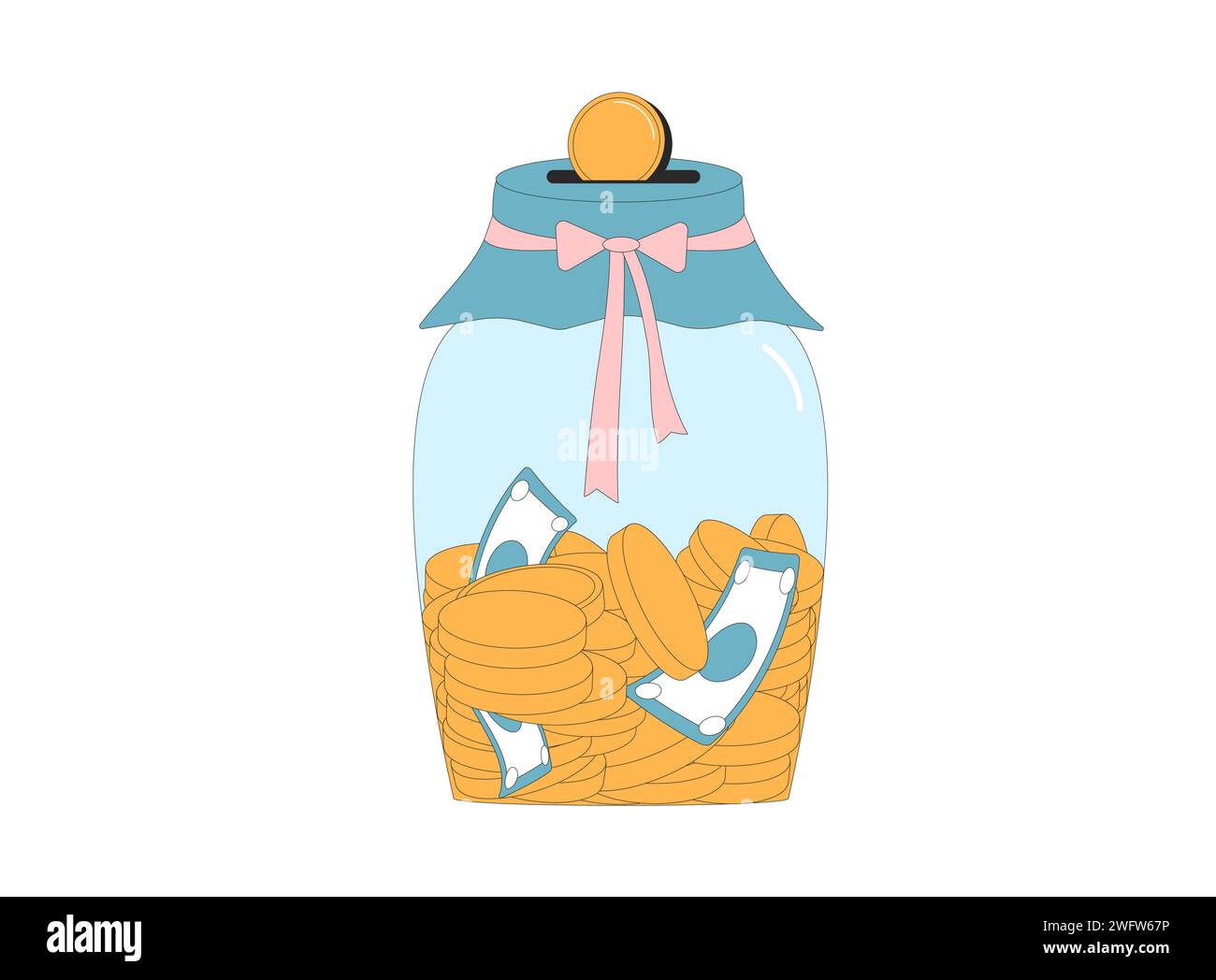 Savings concept. Moneybox jar with coins and banknotes. Donation ...