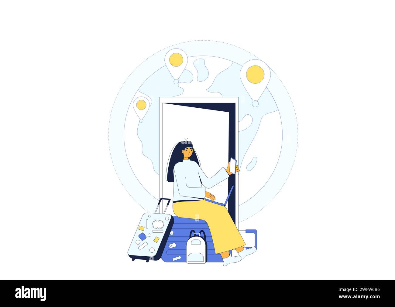 Digital nomad. Young woman sitting on the suitcase and working with ...