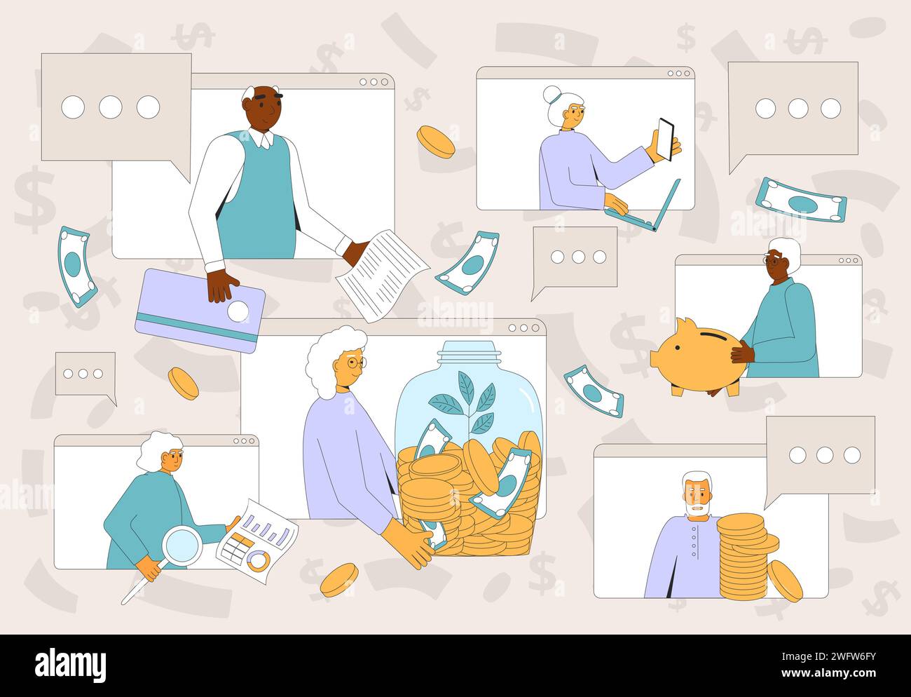 Retirement financial plans and literacy for older adults. Senior people with moneybox. Savings ...