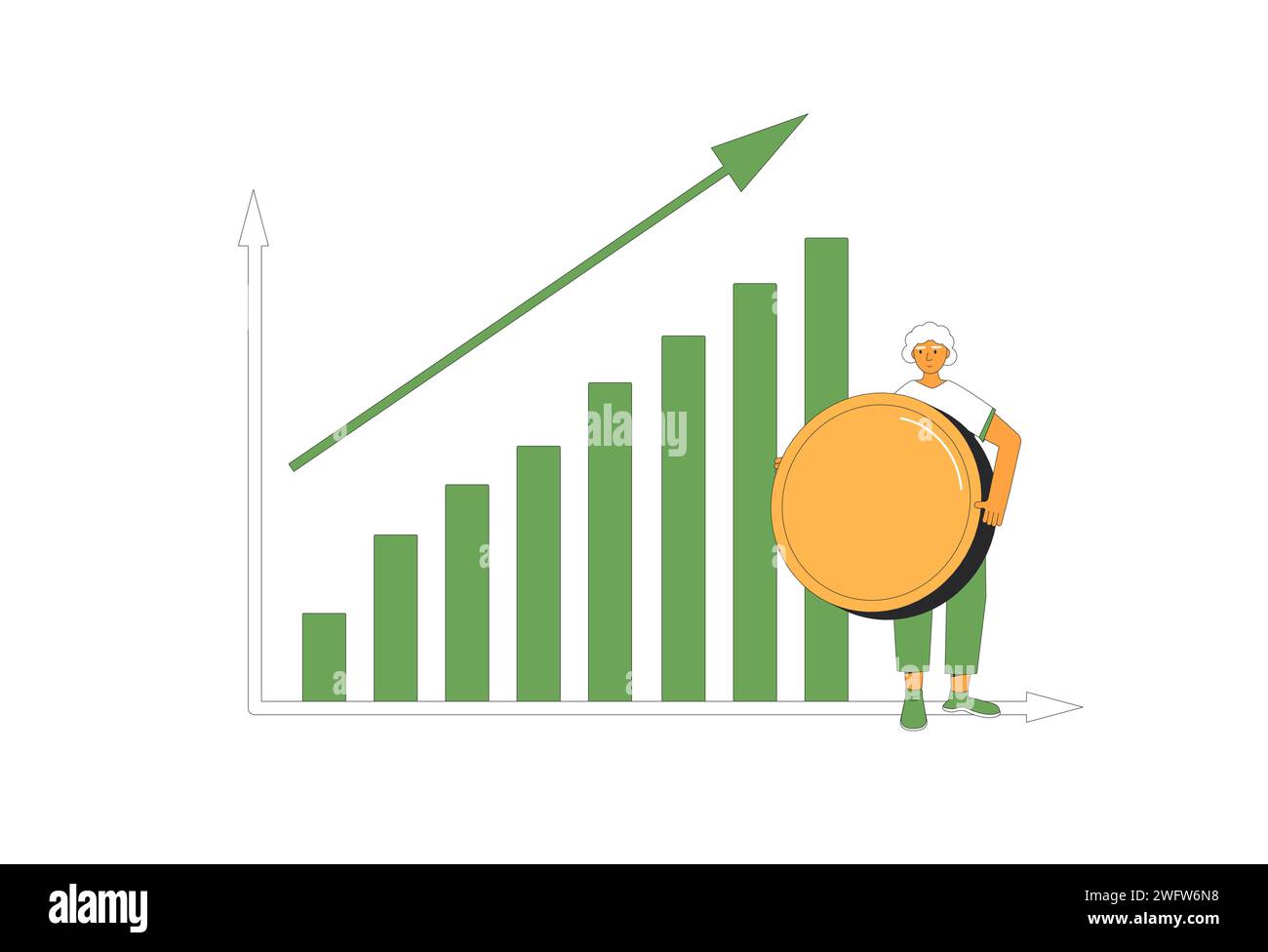 Elderly woman with graph of increasing income isolated on white ...