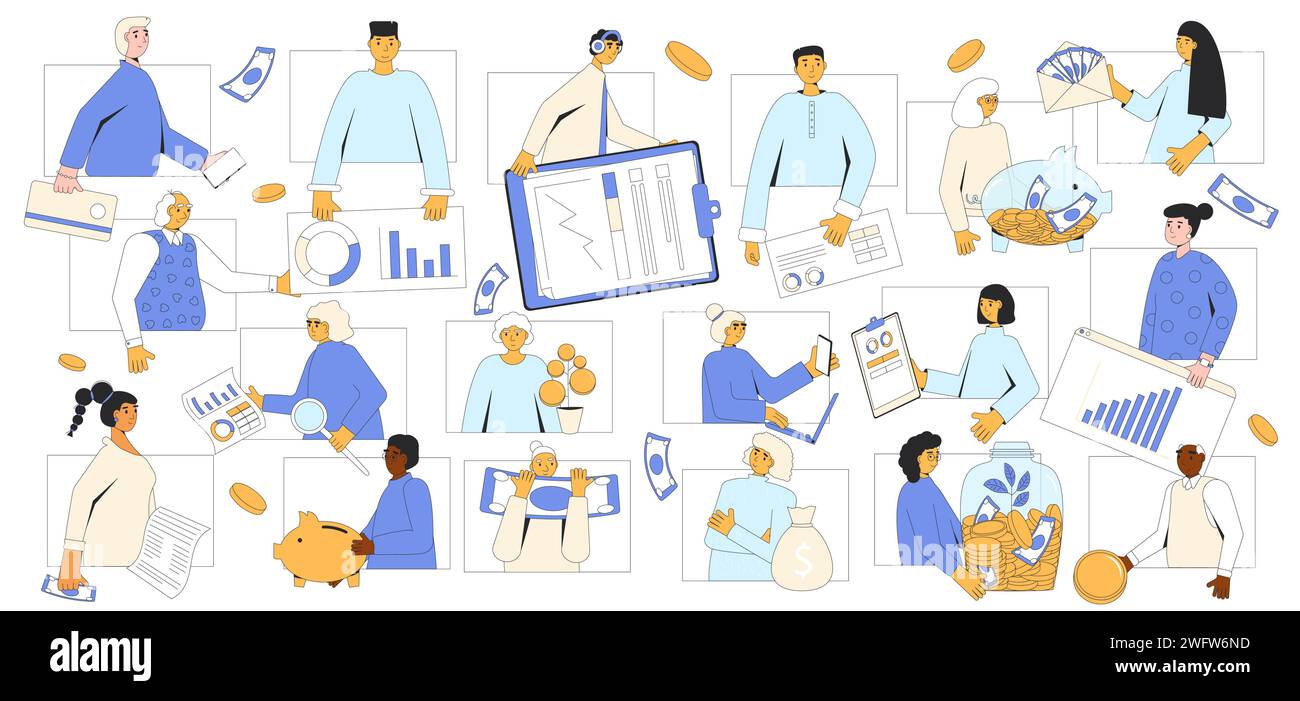 Financial literacy. Save money. People with . moneyboxes, capital ...