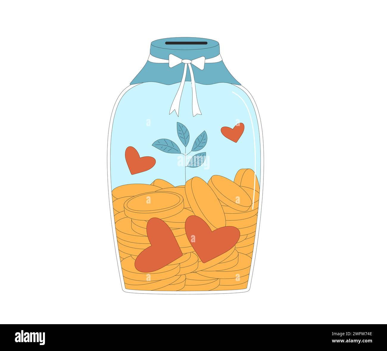 Donation box. Glass jar money with coins, banknotes, heart symbols ...