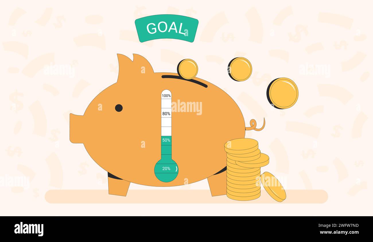 Fundraising concept. Startup financial goal. Thermometer and piggybank ...