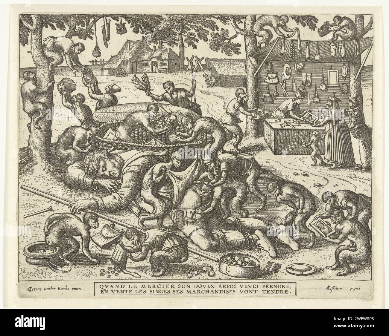 Sleeping Marskramer robbed by monkeys, Anonymous, After Pieter van der ...