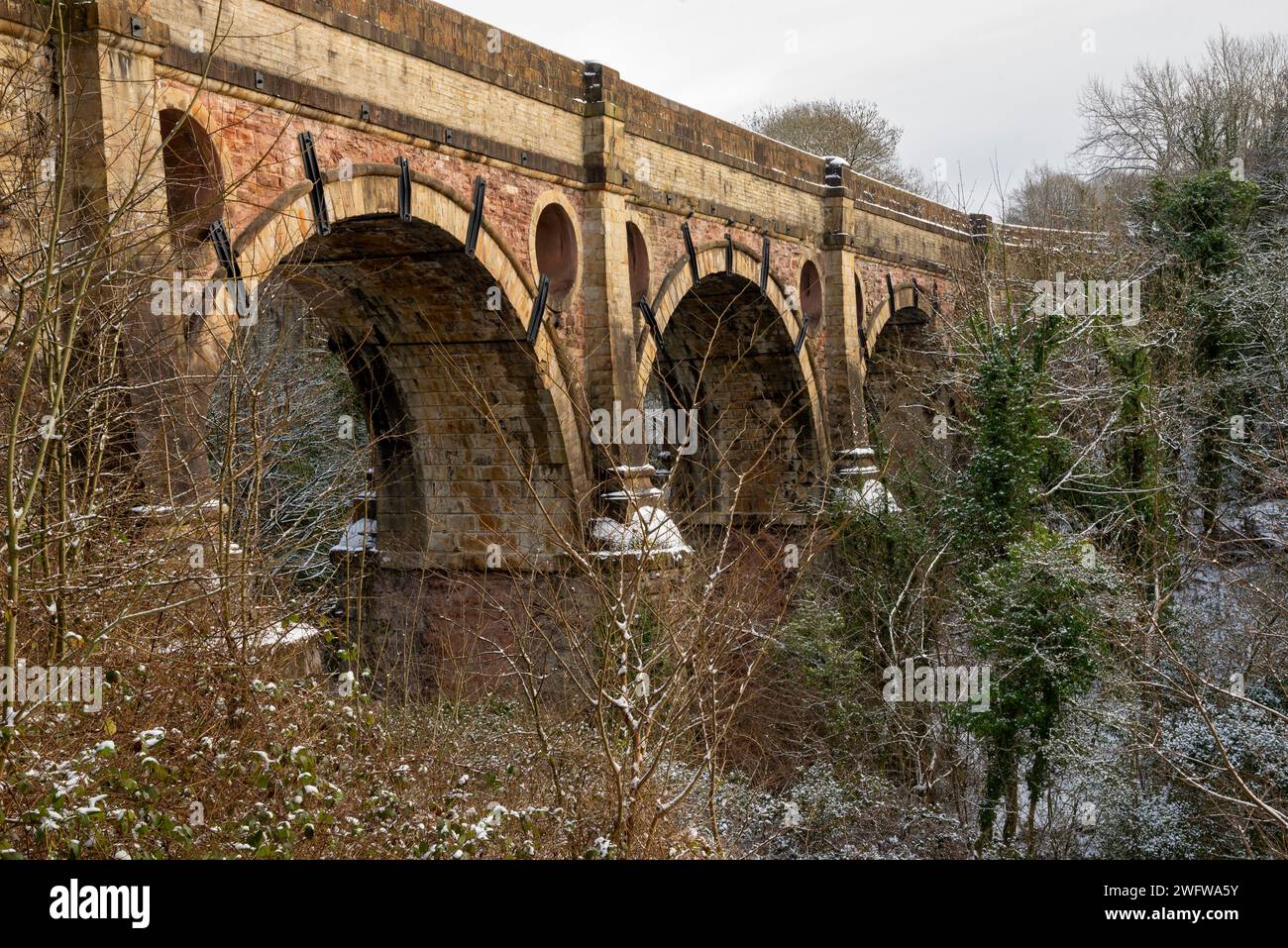 A snowy morning on the Peak Forest Canal at Marple, Stockport, Greater ...
