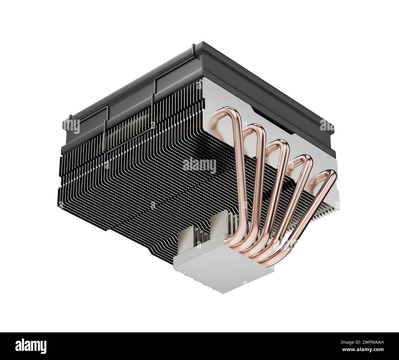 Below view of a low-profile cpu cooler with five copper heat pipes on ...