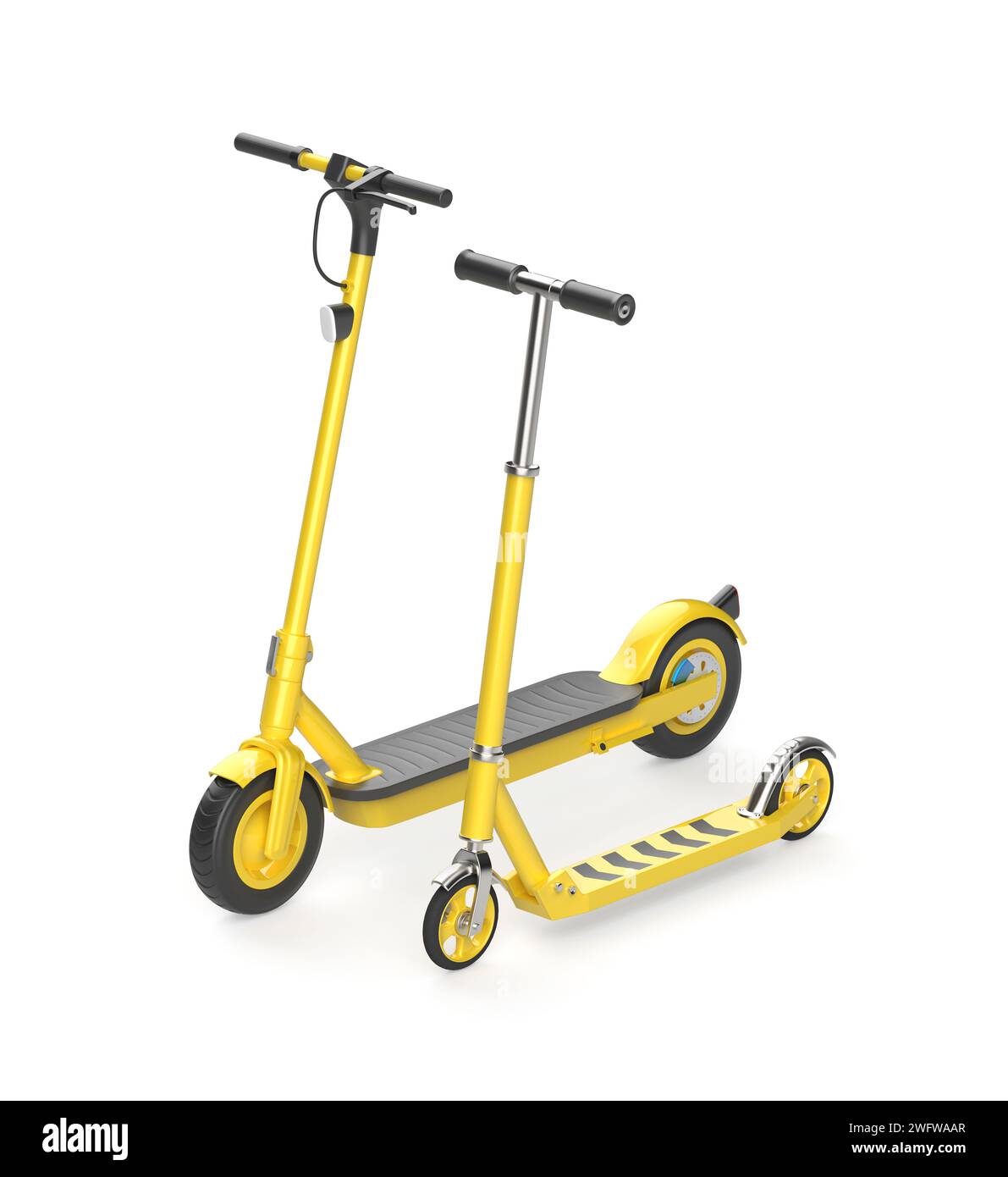 Yellow colored electric and kick scooters on white background Stock ...