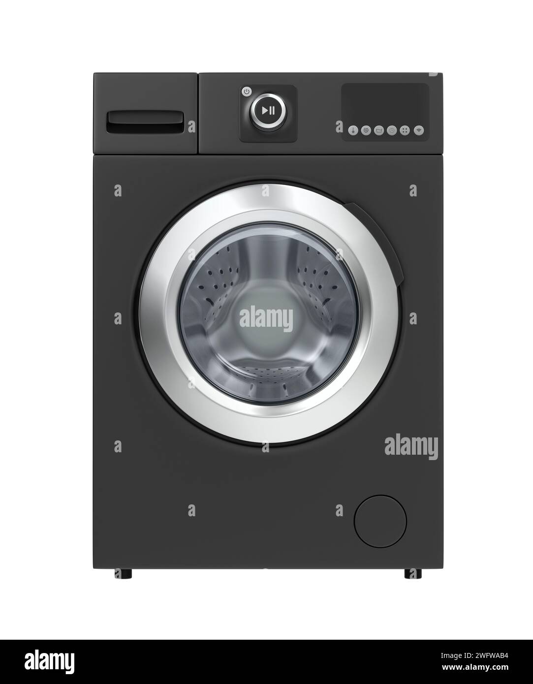 Front view of black front load washing machine, isolated on white ...