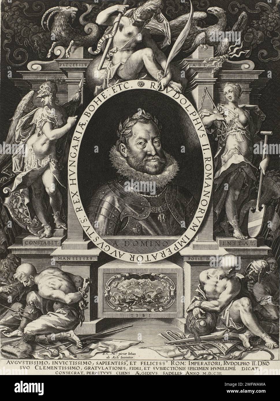 Portrait of Emperor Rudolf II in frame with allegorical figures ...