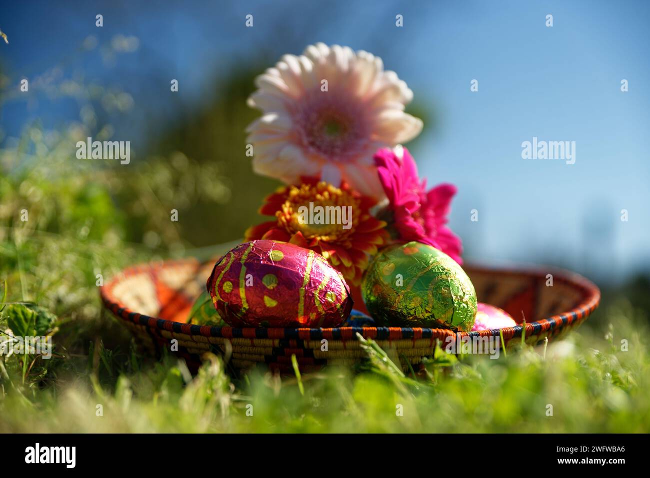 Easter, pretty colored chocolate eggs, in the garden Stock Photo - Alamy
