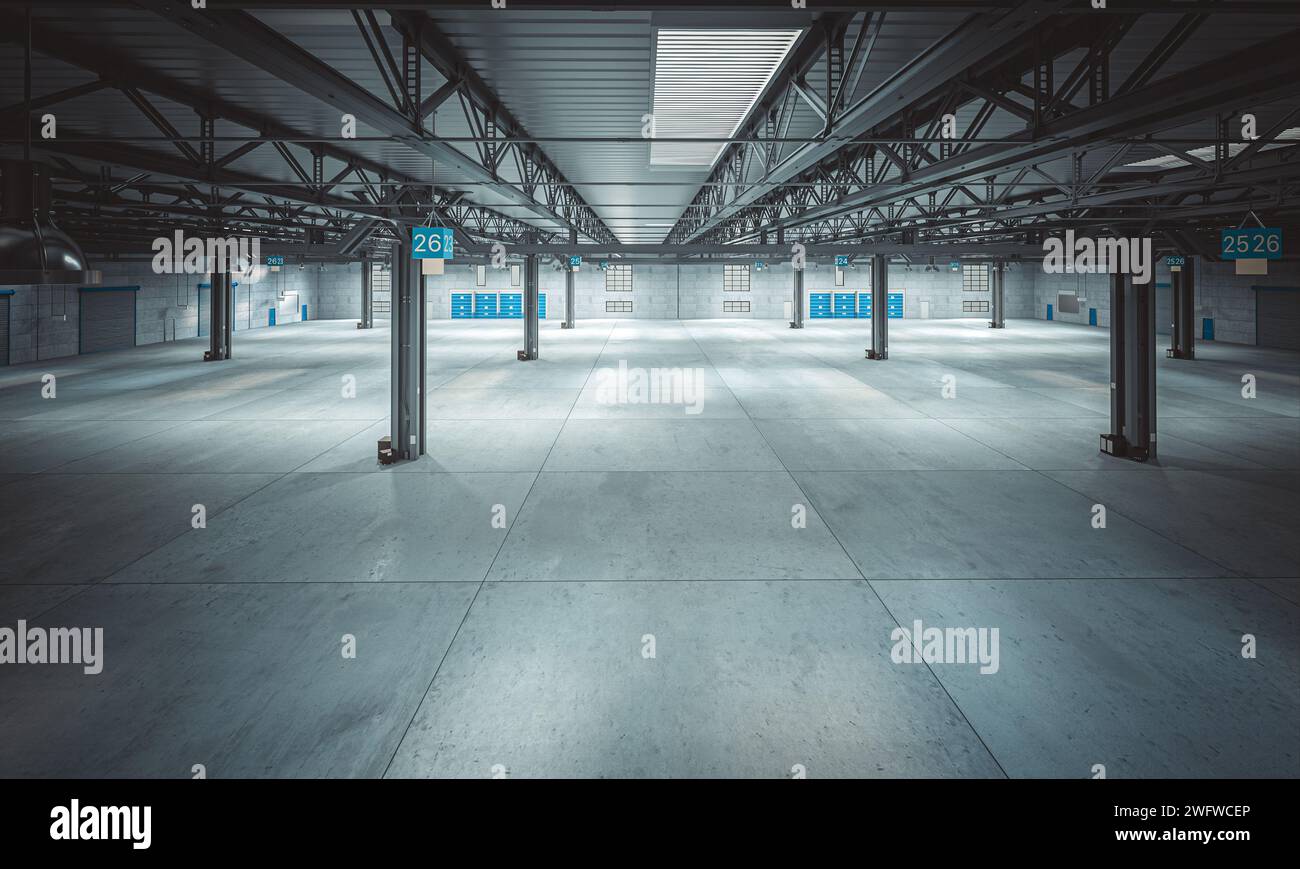 inside a large empty warehouse with a concrete floor. 3d render Stock ...
