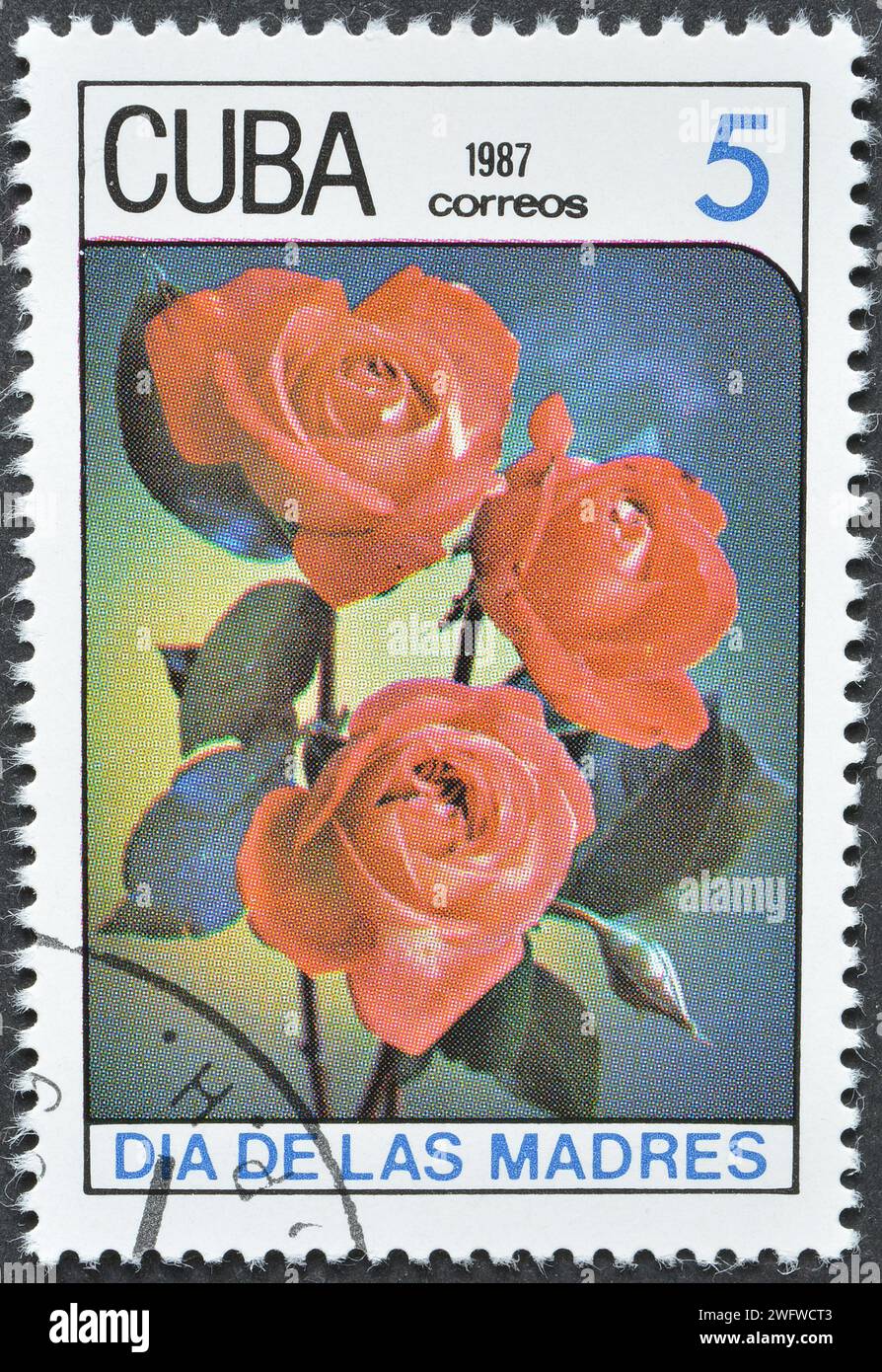 Cancelled postage stamp printed by Cuba, that shows Roses, Mother's Day ...