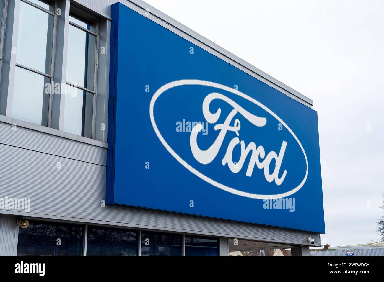 Wolverhampton, England – January 31 2024: Large front signage of a Ford ...