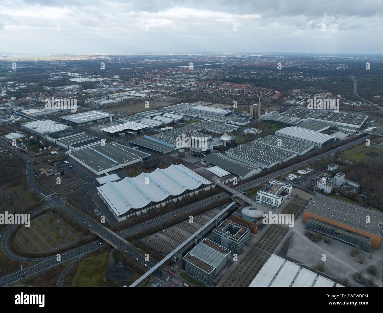 Event and fairs exhibition building in Hannover, Germany. Birds eye ...