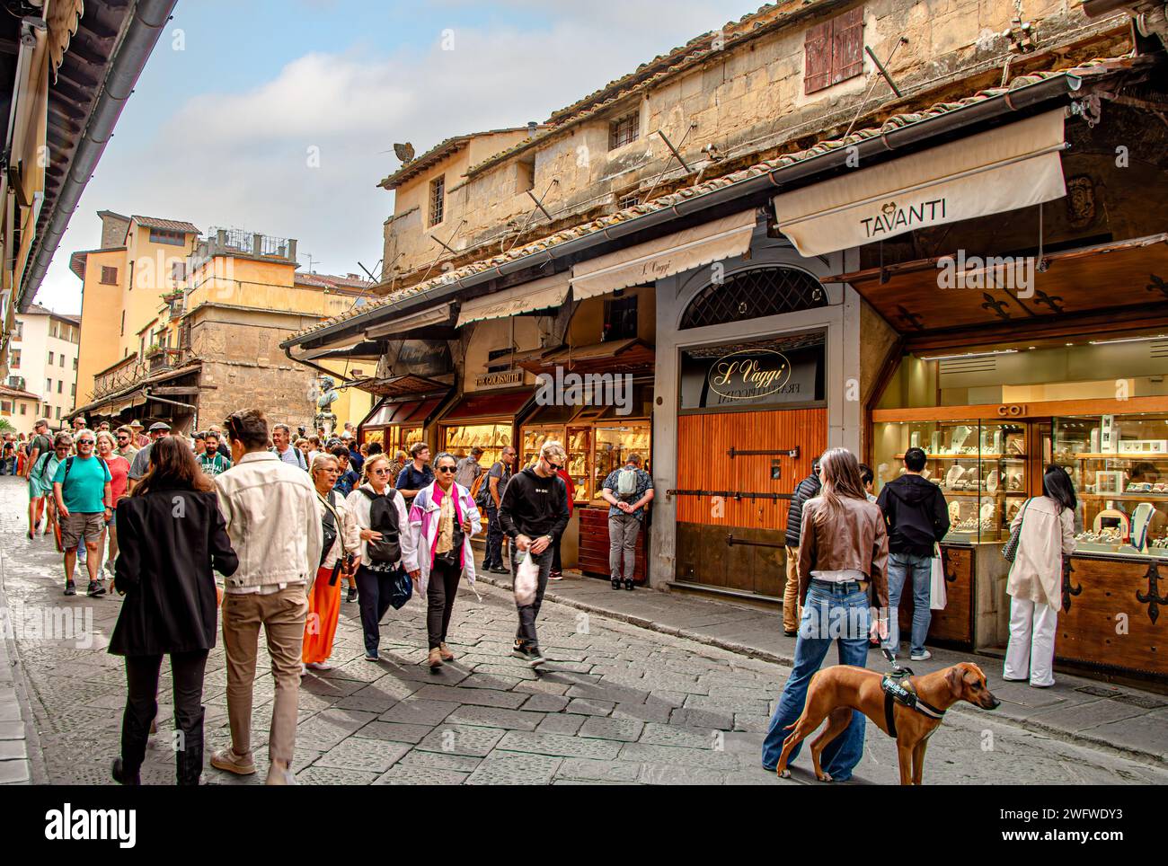 Crowds of people walking on the Ponte Vecchio bridge browsing the many ...