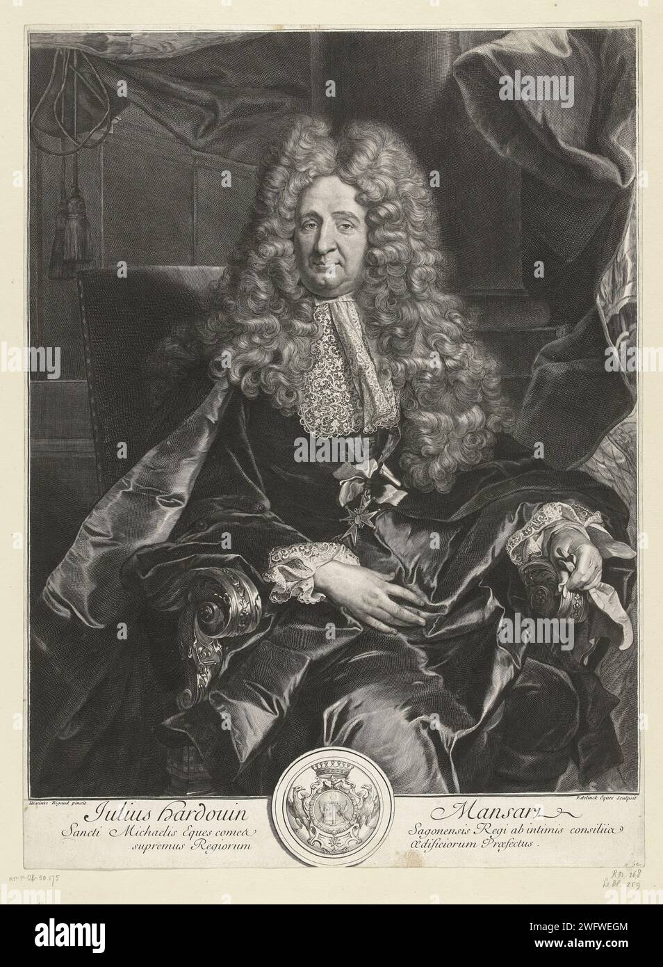 Portret van Jules Hardouin -Mansart, Gerard Edelinck, after Hyacinthe ...