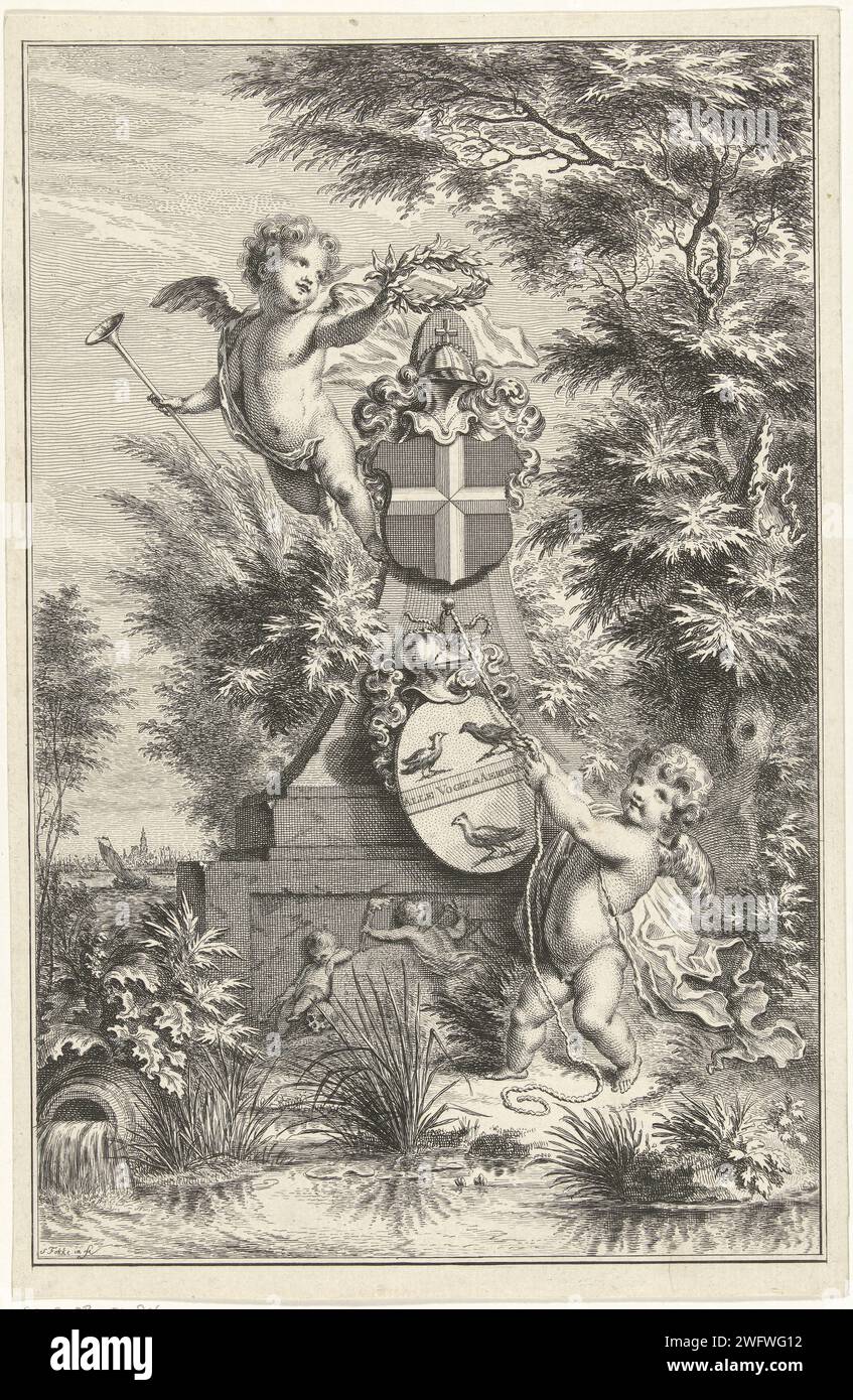 Allegorical memorial with helmeted coats of arms, Simon Fokke, 1722 ...