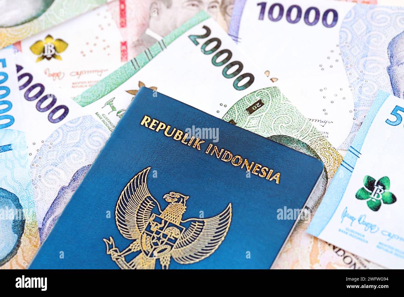 Indonesia passport and many indonesian rupiah currency money bills ...