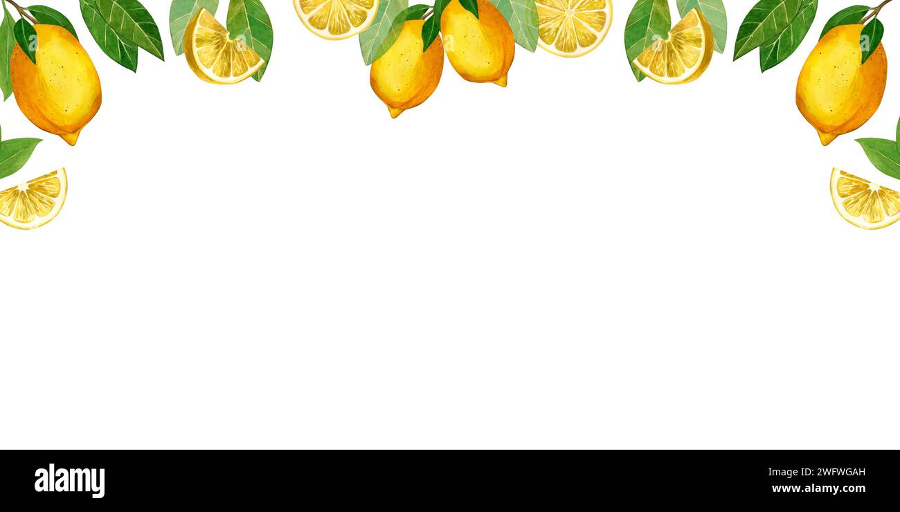 Lemons. Rectangular frame on top of yellow lemons and green leaves ...