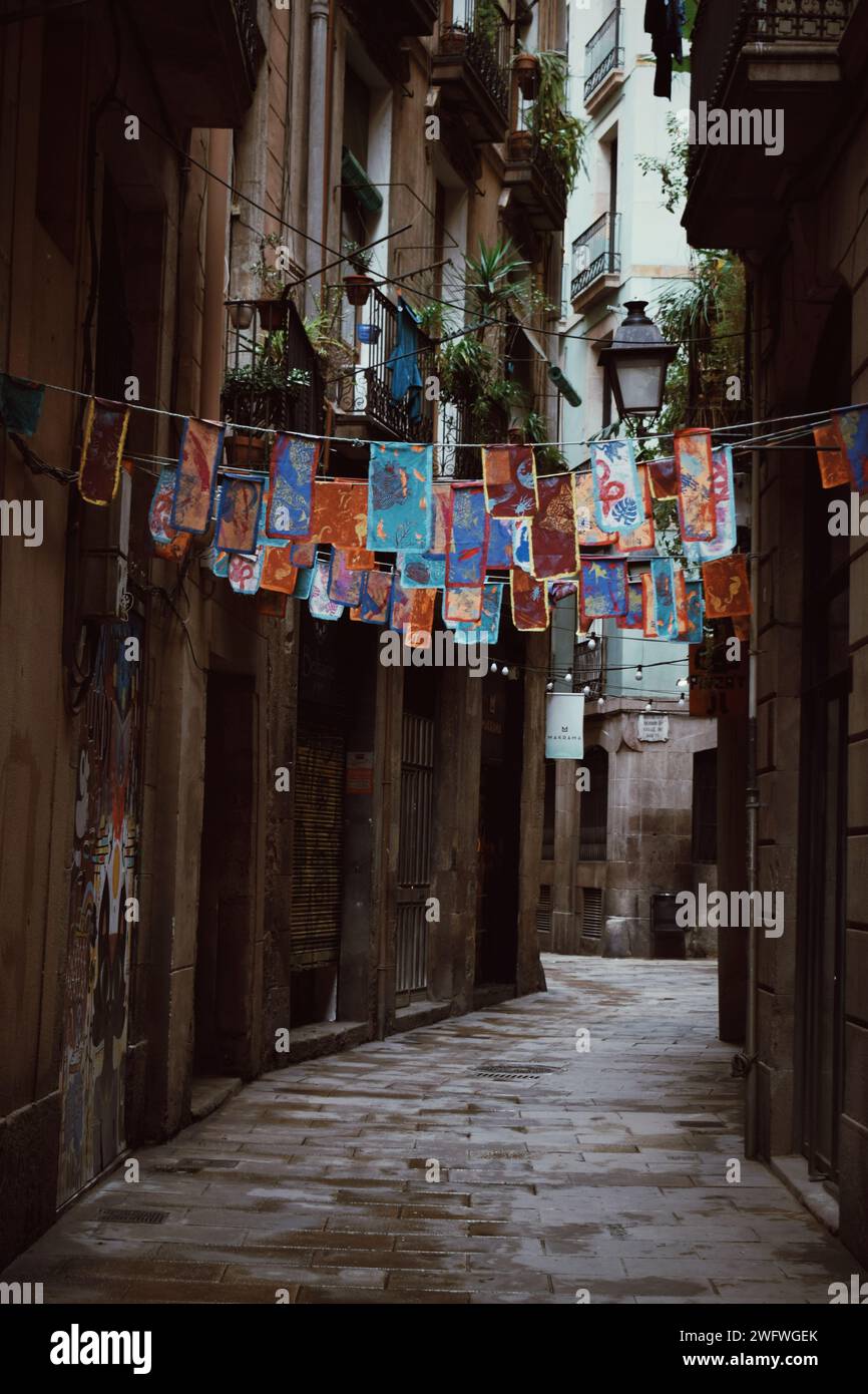 narrow street in the Gothic neighborhood of Barcelona in Spain on ...