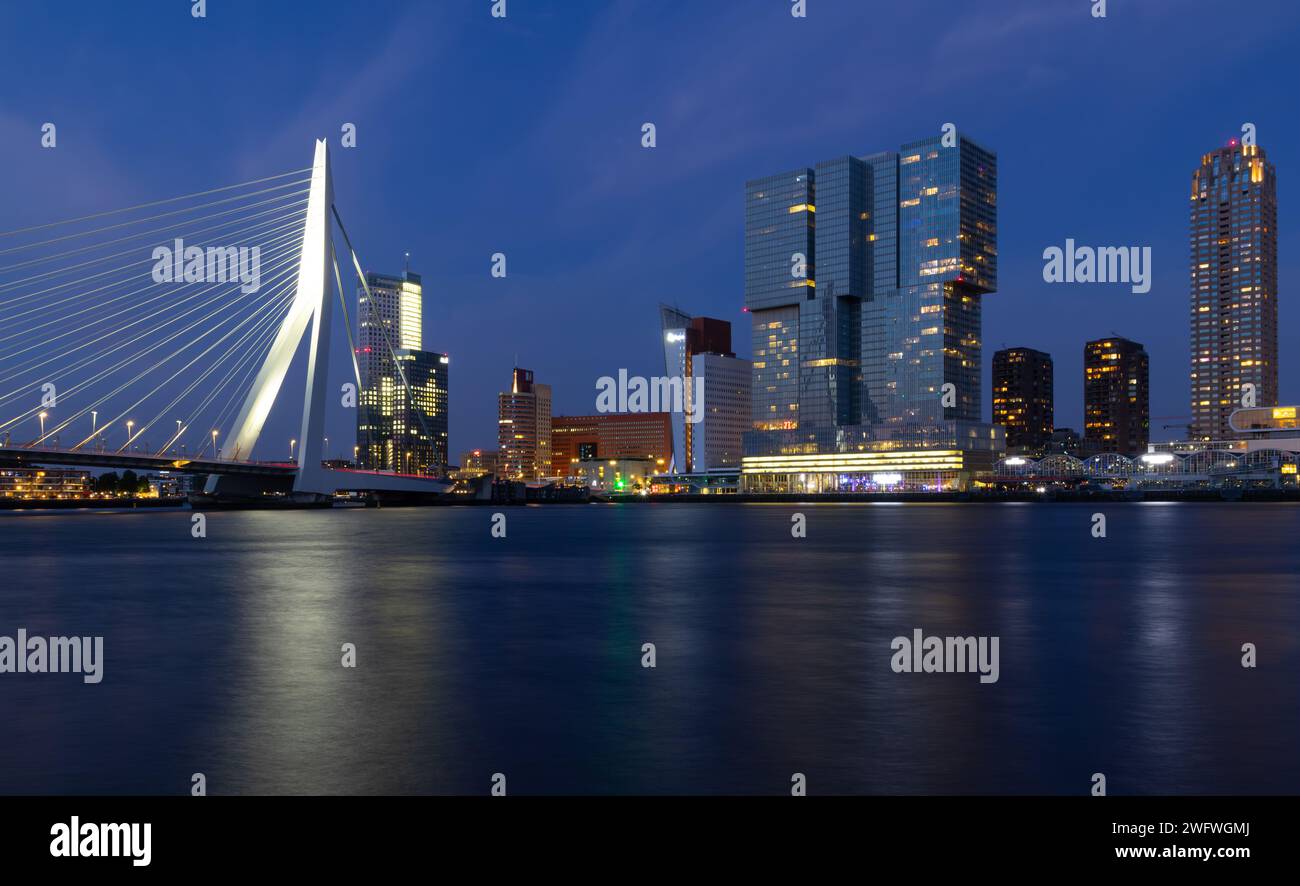 Rotterdam sky line by night 'Kop van Zuid'. The skyline of Rotterdam is ...