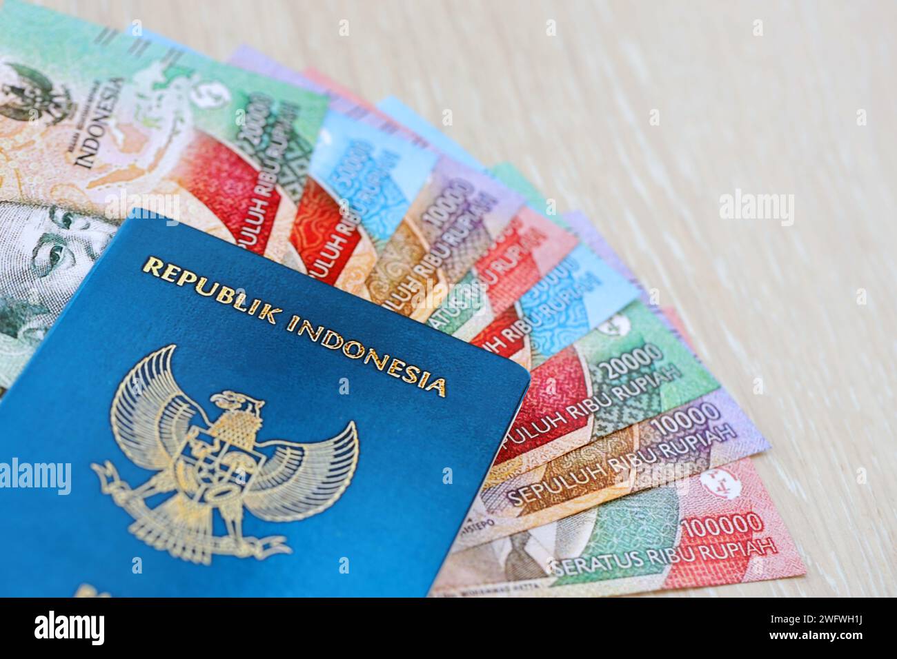 Indonesia passport and many indonesian rupiah currency money bills ...