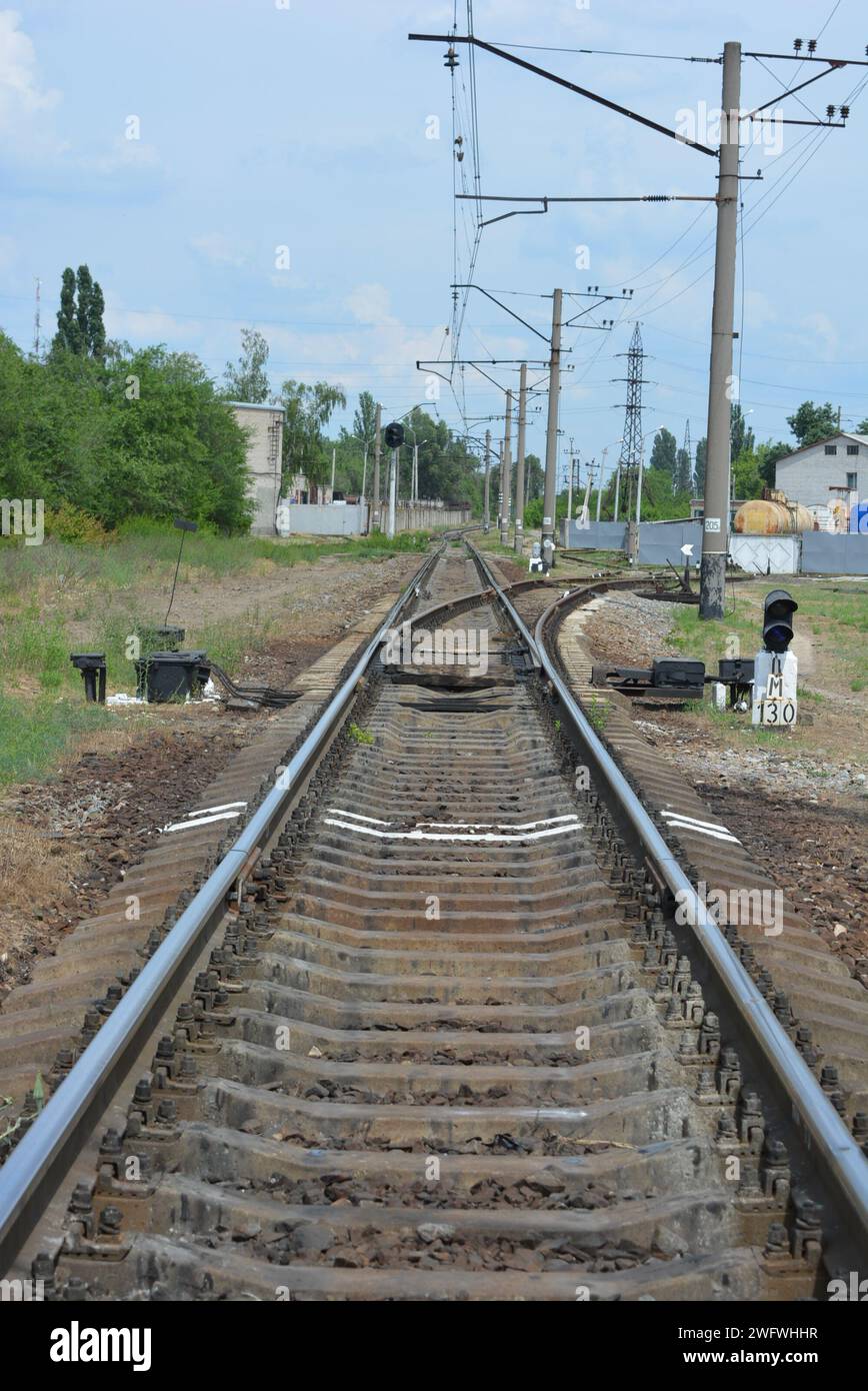 Railway tracks, electric lines, metal rails on which electric trains ...