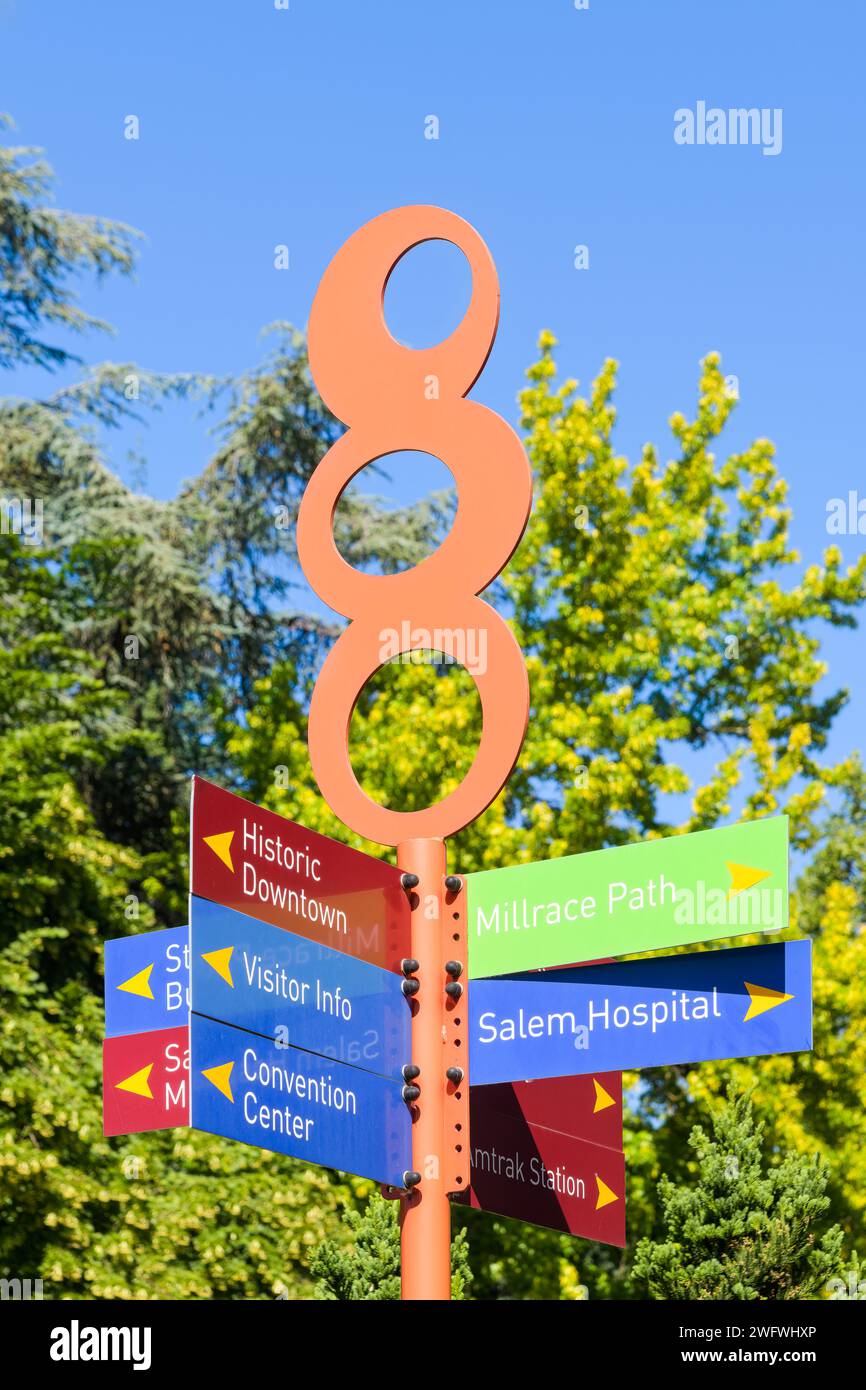 Salem, OR, USA - June 11, 2023; Colorful signpost in downtown Salem ...
