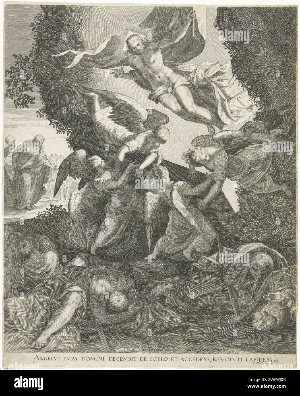 Estranding van Christ, Giles Sadeler (2), after Jacopo Tintoretto, 1593 print Four angels open ...