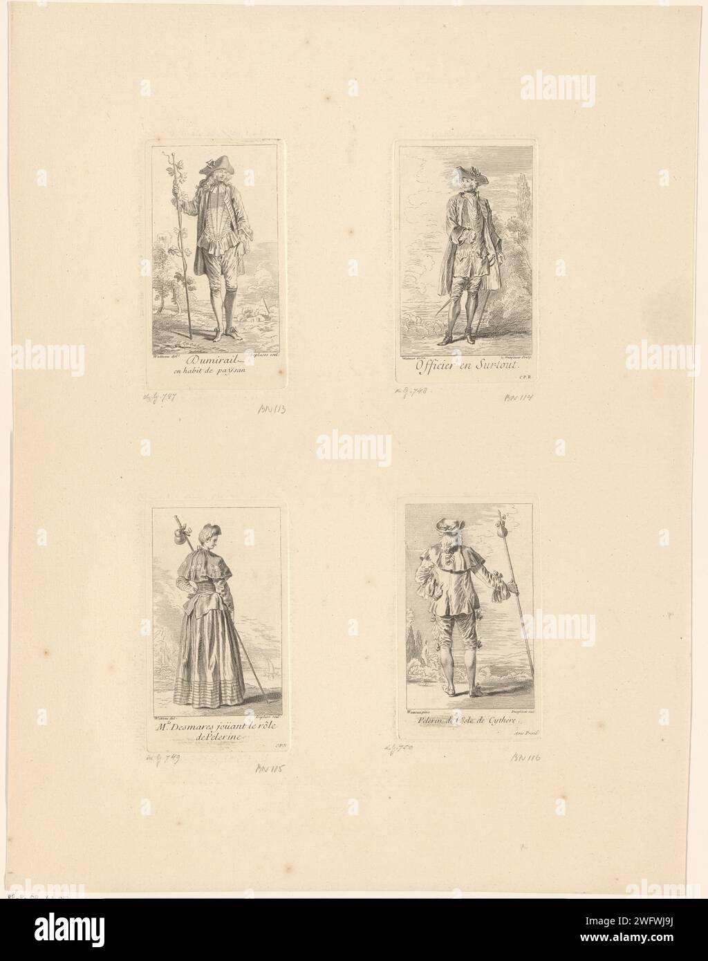 Portraits of four actors, standing in a landscape, Louis Desplaces ...